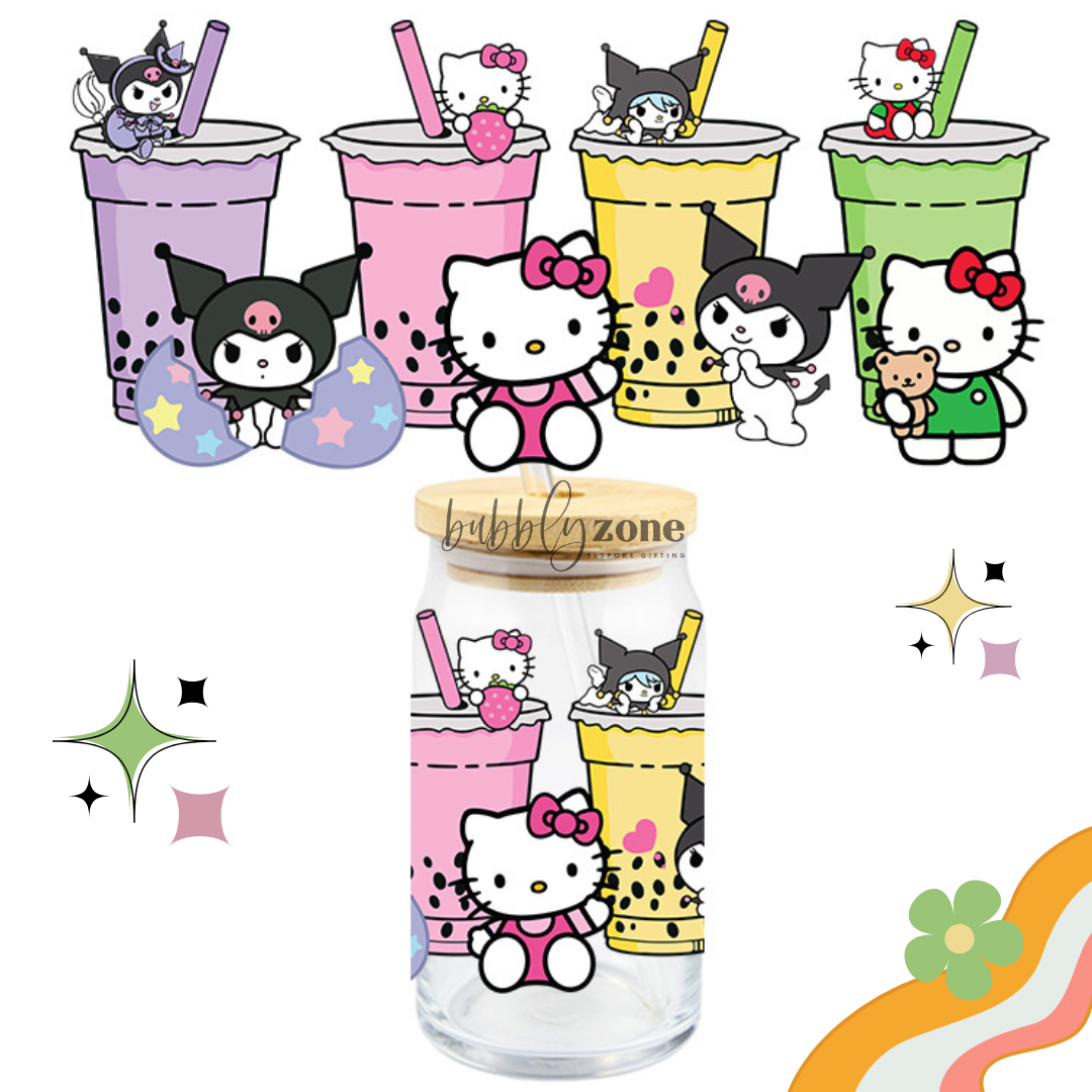 Kitty And Friends Bubble Tea Cups Uv Dtf Wrap Bubbly Zone